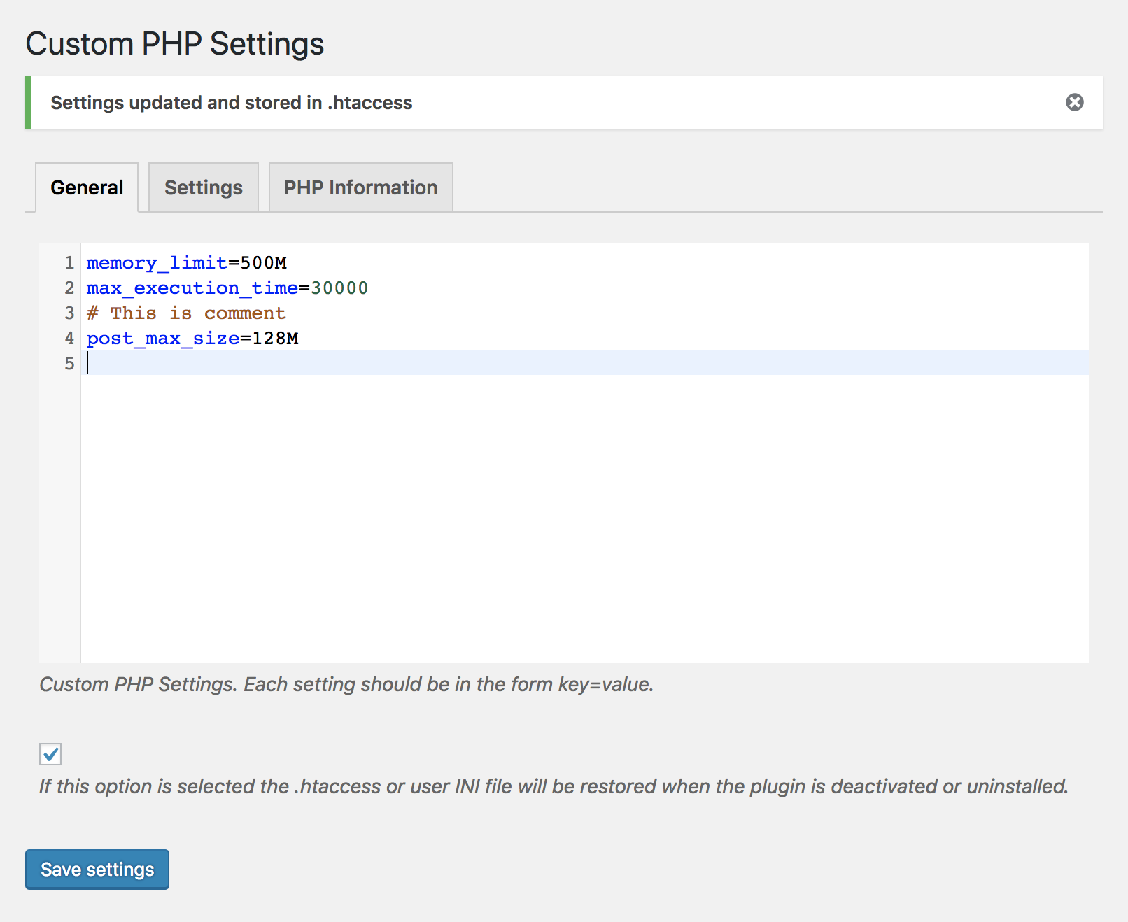 Custom Php Settings Wordpress Plugin