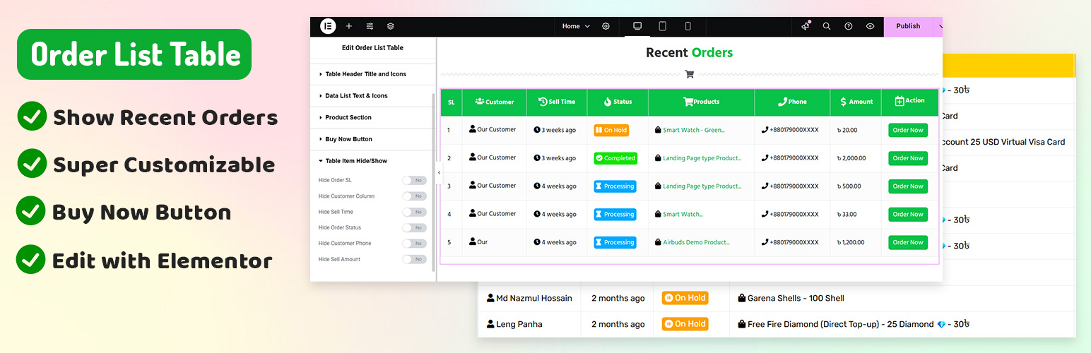 Woocommerce Order List Table For Elementor Wordpress Plugin